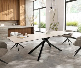 DELIFE Esstisch Edge 300x100 cm Keramik LaminamTravertino Bianco Creme-Wei&szlig; Kreuzgestell Rechteck Schwarz, Esstische