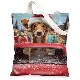 Generic Sac fourre-tout en toile pour chien, imprim&eacute; animal mignon, sacs de courses r&eacute;utilisables, th&egrave;me festif, l&eacute;ger, lavable &agrave; l&eacute;paule pour Tra, Rouge, 13x