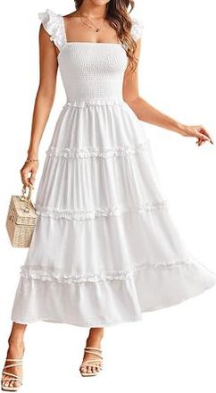 Grace Karin Robe Maxi Femme Taille Smockée Col Carré Bretelles Volantées Étagée Ligne A Élégante Décontractée Chic