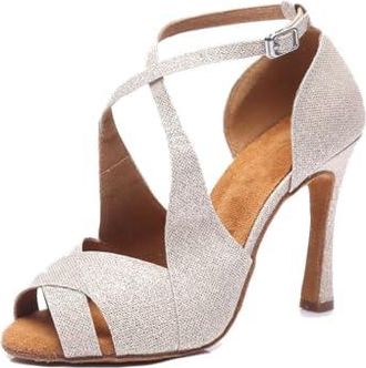 MGM-Joymod Sandales de danse latine tango &agrave; paillettes avec sangle crois&eacute;e pour femme, Champagne Talon 10 cm, 38 EU