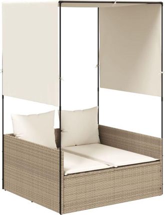 vidaXL Doppel-Sonnenliege mit Dach und Vorh&auml;ngen Beige Poly Rattan - Vidaxl