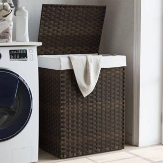 vidaXL Panier &agrave; linge avec couvercle marron fonc&eacute; r&eacute;sine tress&eacute;e