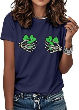 Generic T-shirts pour la Saint-Patrick pour femmes - Tr&egrave;fle squelette - T-shirts d&eacute;contract&eacute;s &agrave; col rond pour l&eacute;t&eacute; - pour les voyages, bleu marine, XXL