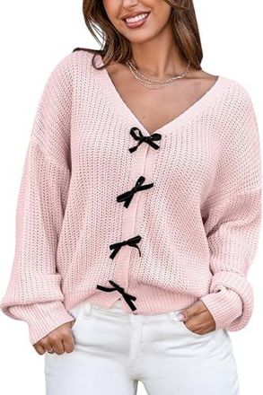 Cupshe Pull décontracté à manches longues pour femme avec noeud et col en crochet léger, rose, Taille M