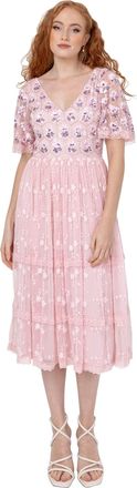 Maya Damen Womens Ladies Midi Short Angel Sleeves V-Neck A-line Sequin Embellished Floral Tulle Lace Wedding Guest Prom Dress, Ballet Pink, 46 EU