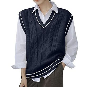 Generic Gilet en tricot sans manches pour femme - Pull à col en V surdimensionné - Sans manches - Haut en tricot ample - Pull sans manches avec motif torsadé 