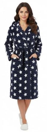 Brandsseller Peignoir Femme avec Capuche L/XL - Doux et L&eacute;ger en Microfibre avec Motif &Eacute;toiles - Certifi&eacute; Oeko-Tex - Id&eacute;al Maison, Spa ou Sauna - Bleu/Blanc