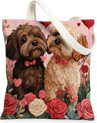 Generic Sac fourre-tout en toile pour la Saint-Valentin avec motif de chien cockapoo 33 x 38,1 cm, sac r&eacute;utilisable &agrave; motif imprim&eacute; de chiot amusant pour femm