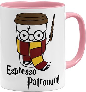 OM3 Espresso Patronum Kaffee-Tasse mit Zauberspruch | Keramik Becher | 11oz 325ml | Beidseitig Bedruckt | Rosa
