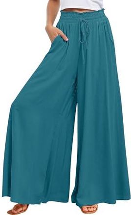 Feoya Pantalon ample pour femme - Taille haute - Pantalon Palazzo avec poches - Style d&eacute;contract&eacute; - &Eacute;t&eacute; &eacute;l&eacute;gant - Pantalon de d&eacute;tente, Styleb Paon Bu, L