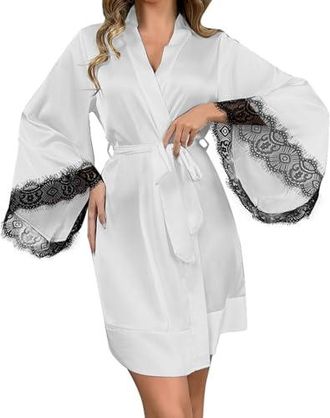 Generic Peignoir en soie pour femme avec bordure en dentelle et manches 3/4 - Kimono sexy - V&ecirc;tement de nuit confortable avec poches, blanc, L