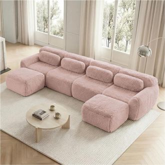 Generic Modernes 2-Sitzer-Sofa, modulares Sofa, rutschfeste Basis, mit 2 Kissen, extra breite ergonomische Armlehnen,for Lesen und Arbeiten(Rosa+Peluche+4 Pla