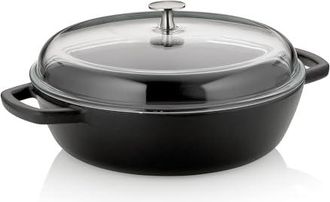 KELA Schmorpfanne 28 cm hoher Rand CALIDO, Gusseisenpfanne Induktion mit Glasdeckel 3,8 l, Pfanne Gusseisen emailliert, schwarz