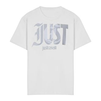 Just Cavalli Homme, Tops, Blanc, Taille: 2XL T-shirt en coton avec logo imprim&eacute;