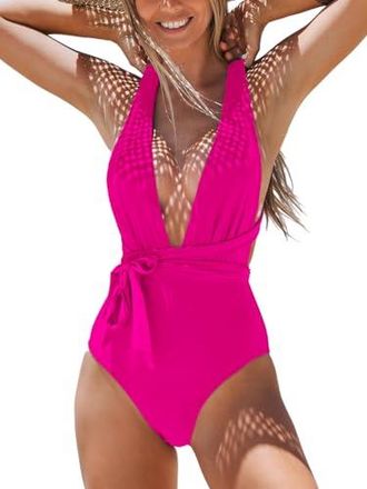Cupshe Maillot de bain une pièce pour femme avec décolleté plongeant et croisé dans le dos, rose fluorescent, XL