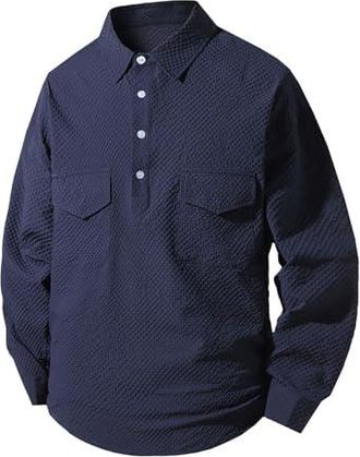 Generic Polo textur&eacute; froiss&eacute; &agrave; manches longues et demi-boutons pour homme - Col &agrave; revers d&eacute;contract&eacute; - Confortable - Doux &agrave; porter - &Eacute;vacuation de lhumidit&eacute; -