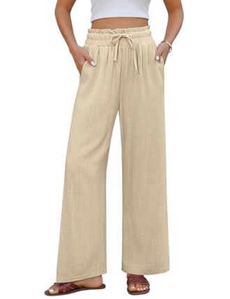 Heekpek Pantalon d&eacute;t&eacute; en lin pour femme - L&eacute;ger et a&eacute;r&eacute; - Coton et lin - Jambes larges - Pantalon d&eacute;t&eacute; ample - Pantalon de loisirs - &Eacute;lastique - Taille haute 