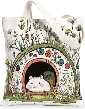Generic Sac fourre-tout en toile motif hamster printanier pour faire du shopping, 33 x 38,1 cm, maison amusante et r&eacute;utilisable, motif imprim&eacute; floral sauvage,