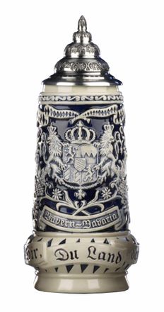 King Bierkrug grauer Bayern Seidel, Staatswappen vorn, seitlich M&uuml;nchen und Neuschwanstein, Motto Gott mit Dir, Du Land der Bayern 0,5 Liter Bierseidel KI 