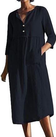 Generic Robe midi en coton et lin pour femme, coupe décontractée, manches 3/4, col henley, grande taille, coupe trapèze, longueur genou, robe droite dété déco