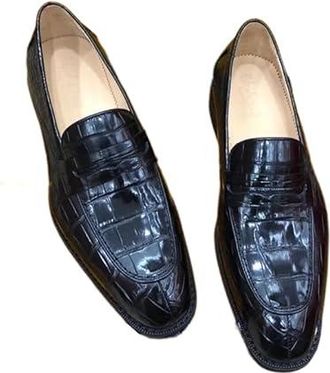 Generic Mocassins habill&eacute;s authentiques en peau de crocodile exotique v&eacute;ritable en cuir dalligator &agrave; bout pointu pour homme, noir, 41.5 EU