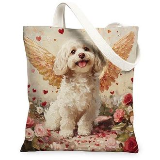 Generic Cavachon Sac fourre-tout en toile pour le shopping Motif chien 33 x 38 cm Sac d&eacute;picerie r&eacute;utilisable pour la Saint-Valentin Motif ailes vintage pour f