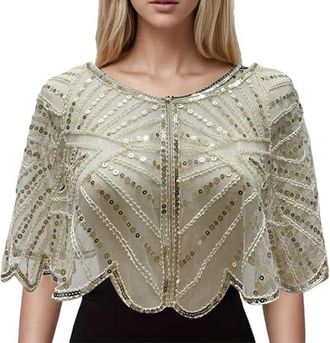 Generic Châle style garçonne | Châle vintage avec perles - Robe de soirée capelet en dentelle pour costume, cosplay, rendez-vous, bal masqué, bal de fin danné