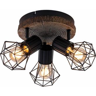 Globo Lighting Plafonnier plafonnier spot salon lampe chambre, spots mobiles 3 flammes, m&eacute;tal vintage aspect bois noir, 3x douilles E27, DxH 30x30 cm