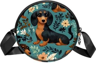 Generic Petit sac à bandoulière rond pour femme, motif teckel, fleur, sac à bandoulière avec fermeture éclair, bretelles réglables, sac à main rond décontract