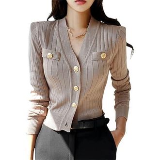 Generic Cardigan en tricot &agrave; manches longues et col en V pour femme, Kaki, taille unique