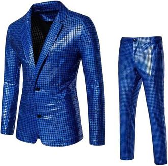 Generic Costume disco des ann&eacute;es 70 pour homme - 2 pi&egrave;ces - Veste &agrave; paillettes - Coupe r&eacute;guli&egrave;re - Brillant - Pour f&ecirc;te, bal de fin dann&eacute;e, bleu, 3XL