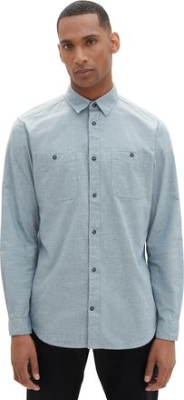 Tom Tailor Herren Regular Fit Hemd mit aufgesetzten Brusttaschen, deep green off white structure, S