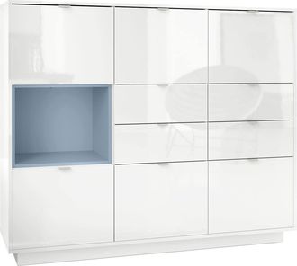 Vladon Highboard Sideboard Metro V2, Made in Germany, Korpus in Wei&szlig; Hochglanz/Fronten in Wei&szlig; Hochglanz mit Einsatz in Denim matt