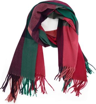 Glamexx24 Damen Winter Kariert Schal, Strickset Schal &uuml;bergro&szlig;er Quadratisch Deckenschal Halstuch Streifen Muster Fransen Ponch, Gr&uuml;n-Pink-D.Lila