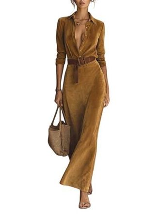 Generic Robe longue en daim synth&eacute;tique avec ceinture pour femme, manches longues, col en V, boutonn&eacute;e, &eacute;l&eacute;gante, fluide, marron, 3XL