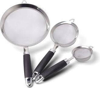 Birambeau 3-teiliges Handsieb aus Edelstahl, ergonomische Griffe mit Soft-Touch, 7/10/18 cm, Schwarz und Silber