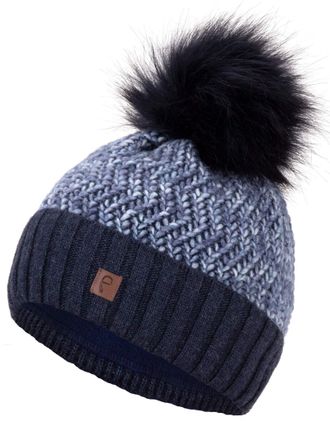 Faera Winterm&uuml;tze M&uuml;tze Damen gef&uuml;ttert mit Kunstfell Bommelm&uuml;tze Bommel Fleecefutter Winter Strickm&uuml;tze Beanie M&auml;dchen, Farbe:Jeansblau