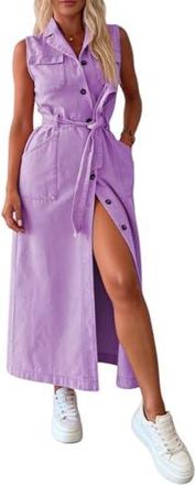Generic Robe en jean boutonn&eacute;e sans manches pour femme, robe longue sans manches avec ceinture en jean pour femme, robe midi &agrave; col, violet, XL