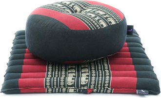 Leewadee Meditationsset Yogaset aus Meditationskissen Zafu und kleiner rollbarer Sitzmatte Zabuton Ökologisches Naturprodukt, Kapok, Schwarz Rot