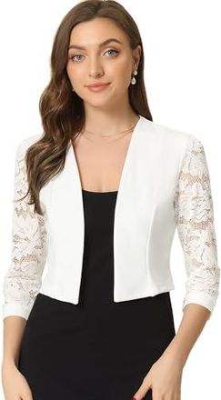 Allegra K Bol&eacute;ro Femme &Eacute;l&eacute;gante de Mariage Veste Courte Chic &agrave; Manche 3/4 en Dentelle Florale Cardigan Court pour Robe de Soir&eacute;e Blanc XS