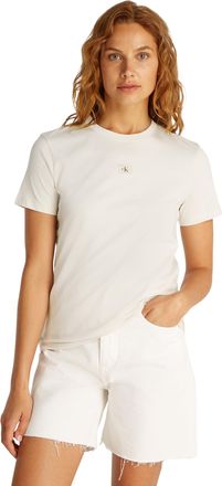 Calvin Klein Damen T-Shirt Kurzarm Woven Label Regular Tee aus Baumwolle, Weiß (Chalk), XL