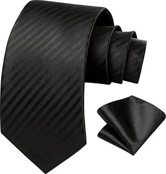 Hisdern Cravate Homme Mouchoir &Eacute;l&eacute;gant Classique Ray&eacute; Cravates Pour Hommes Et Pochettes Ensemble Mariage Fete Anniversaire (one size, Noir)