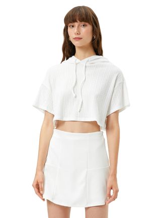 Koton Women Short Sleeve Braiding Design Crop Hoodie