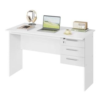 Woltu Bureau avec 3 Tiroirs, 120x60x75 cm, Bureau dOrdinateur avec Rangement, en Bois dIngénierie, Blanc