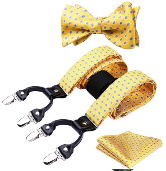 Hisdern Gelb Hosentr&auml;ger Herren mit Fliege Set 6 starken Clips Extra Breit Stark Paisley Y Form Hosentr&auml;ger f&uuml;r Herren und Einsteckuch