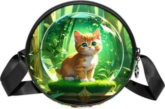 Generic Sac &agrave; bandouli&egrave;re rond rond pour femme, motif chat et boule de cristal avec fermeture &eacute;clair et bretelles r&eacute;glables