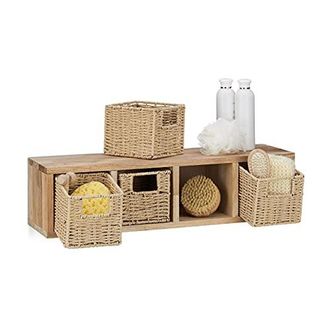 Relaxdays Etagere 4 cubes rangement panier amovible corbeille bois noyer couloir chambre cuisine montage mural, nature 18x61.5x16 cm