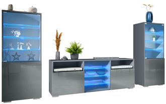 Vladon Wohnwand Granada, Anbauwand bestehend aus 2 Vitrinen und 1 TV-Board, Anthrazit matt/Grau Hochglanz inkl. LED-Beleuchtung (286 x 122,5 x 35 cm)