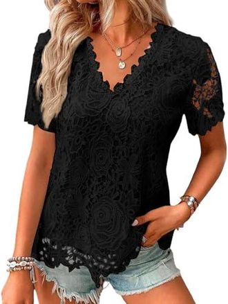 Generic T-shirt en dentelle pour femme - &Eacute;l&eacute;gant - Col en V - Manches courtes - Haut en dentelle confortable - T-shirt basique - Vacances - Tunique - D&eacute;contra