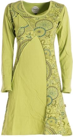 vishes Alternative Bekleidung - Damen Mandala-Kleid Blumen-Kleid Lang-arm Rundhals Baumwollkleid hellgr&uuml;n 38-40